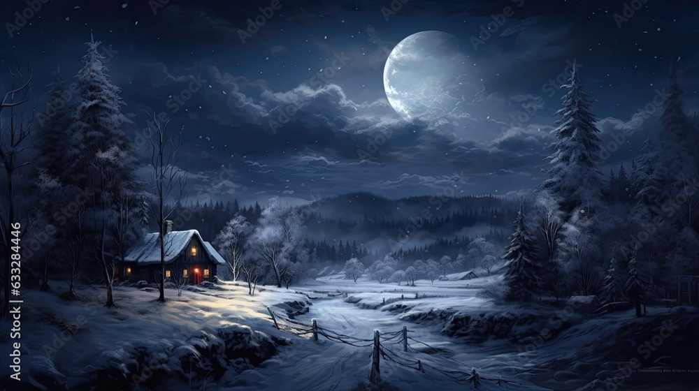 Chilly and frosty winter night illuminated by the soft glow of a full ...