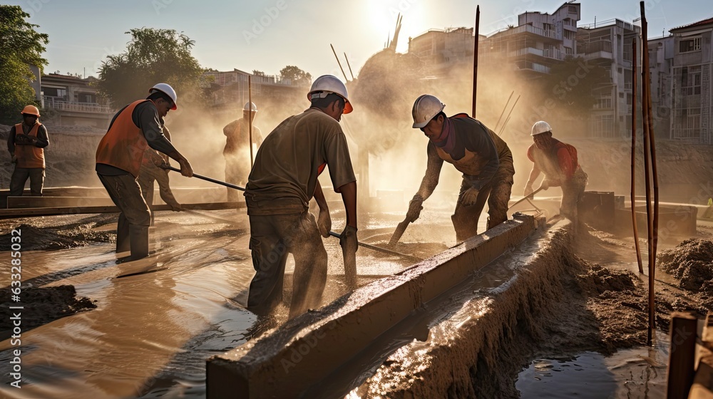 Construction workers as they methodically prepare and set up a concrete ...