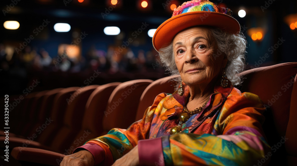 An elderly actress in costume stands proudly on a dramatic theater ...