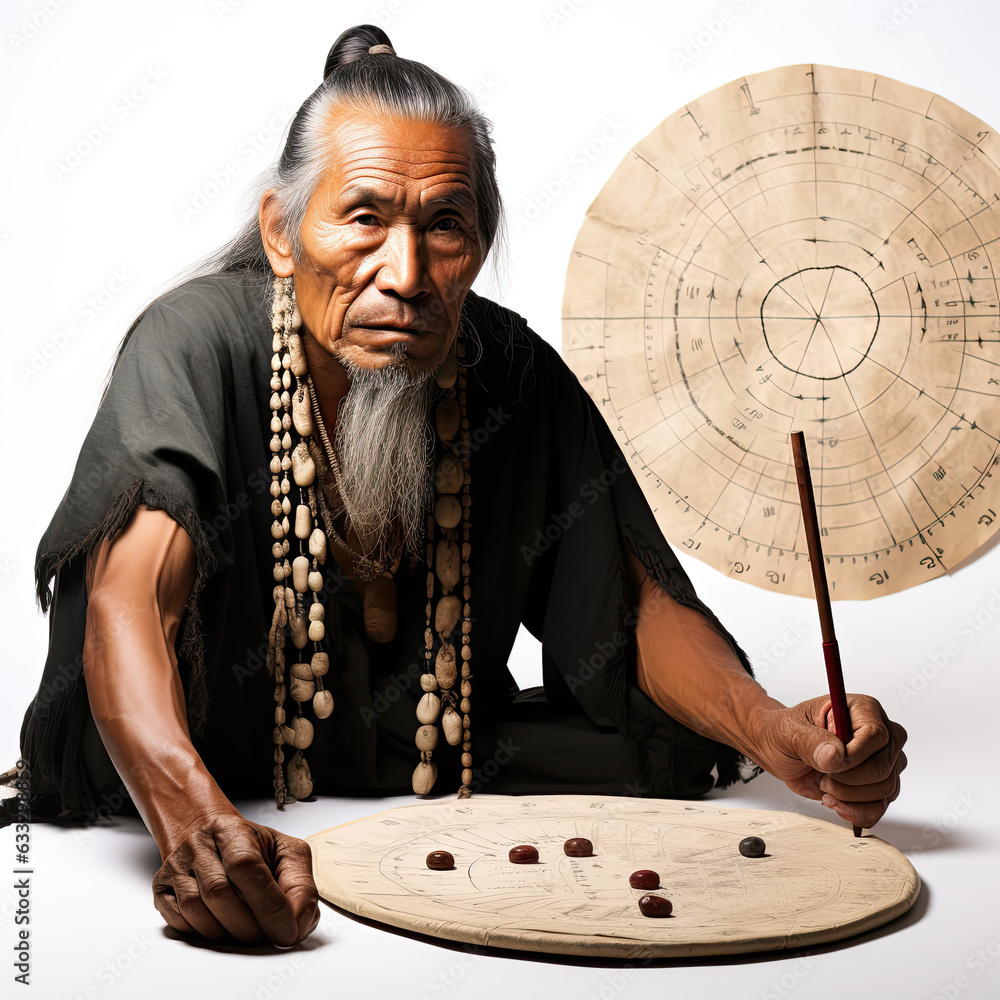 Studio shot of a Micronesian navigator with traditional stick chart ...
