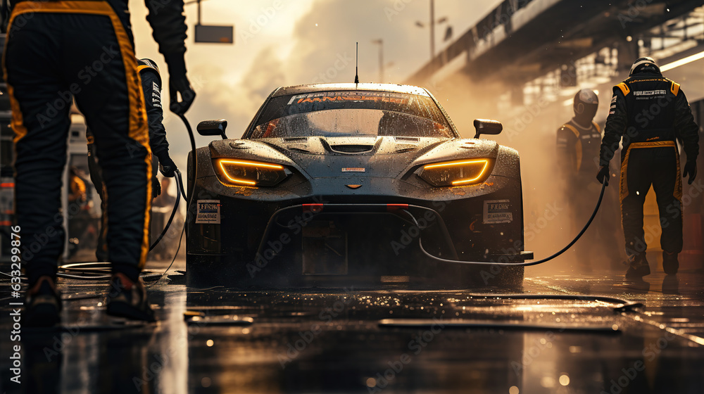 Professional pit crew ready for action as their team's race car arrives ...