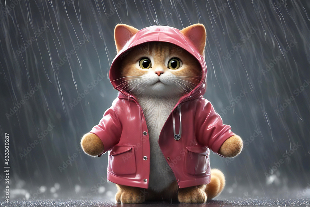 Cute and adorable cartoon kitten in the rain wearing raincoat, fantasy ...