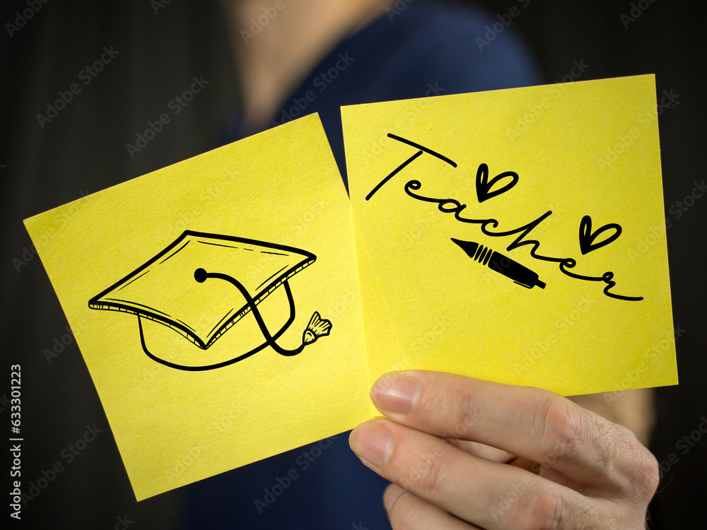 Teacher yellow sticker paper notes with hand-drawing school icons back ...