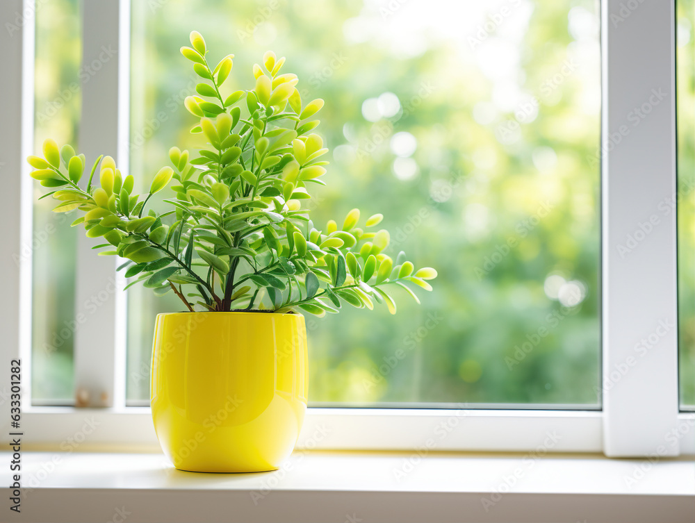 an artificial plants plant sits inside a window sill next to a window ...