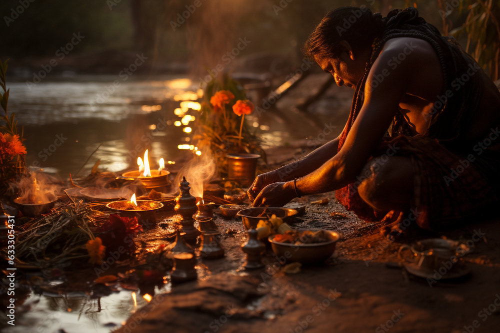 person making a sacred offering at a revered site, expressing their ...