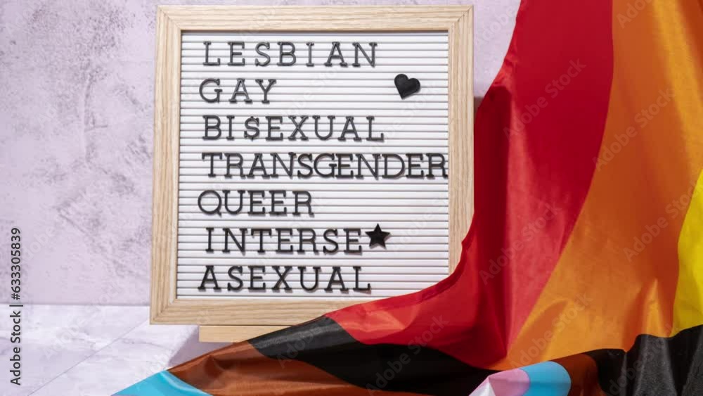 Zoom in out LGBTQIA description frame on Rainbow LGBTQIA flag made from ...