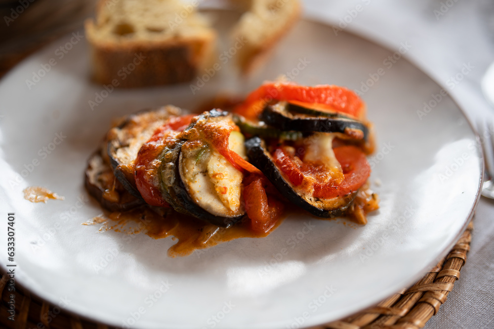 Vegetable ratatouille fresh served on a plate with ciabatta bread ...