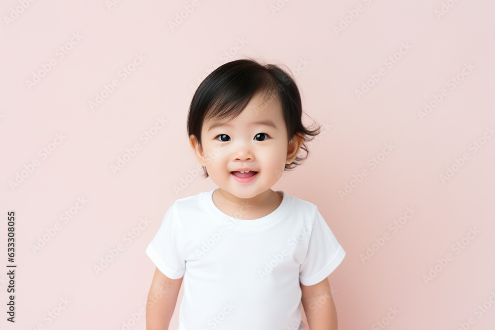 design mockup: Asian baby studio portrait in a white t-shirt on a ...