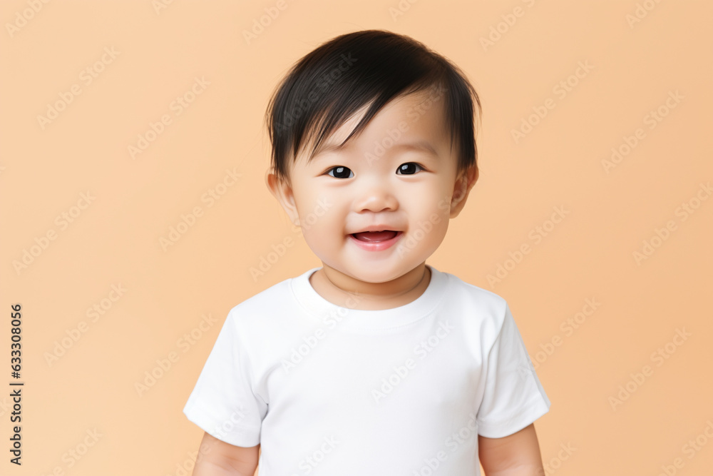 design mockup: Asian baby studio portrait in a white t-shirt on a ...