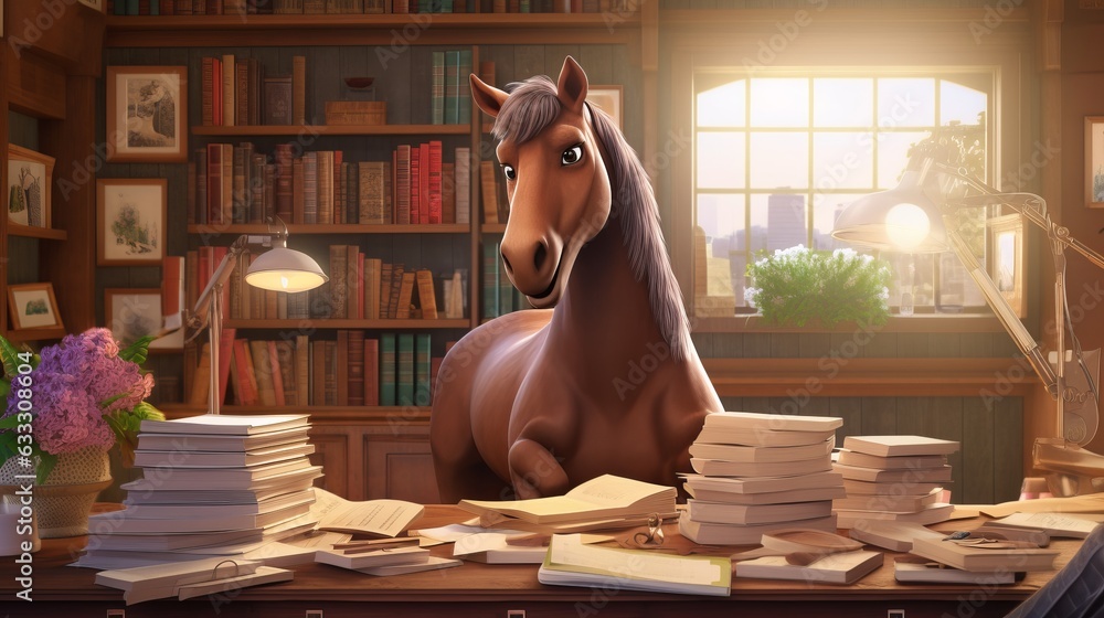 Horse in british office library with books and desk. AI Generative ...