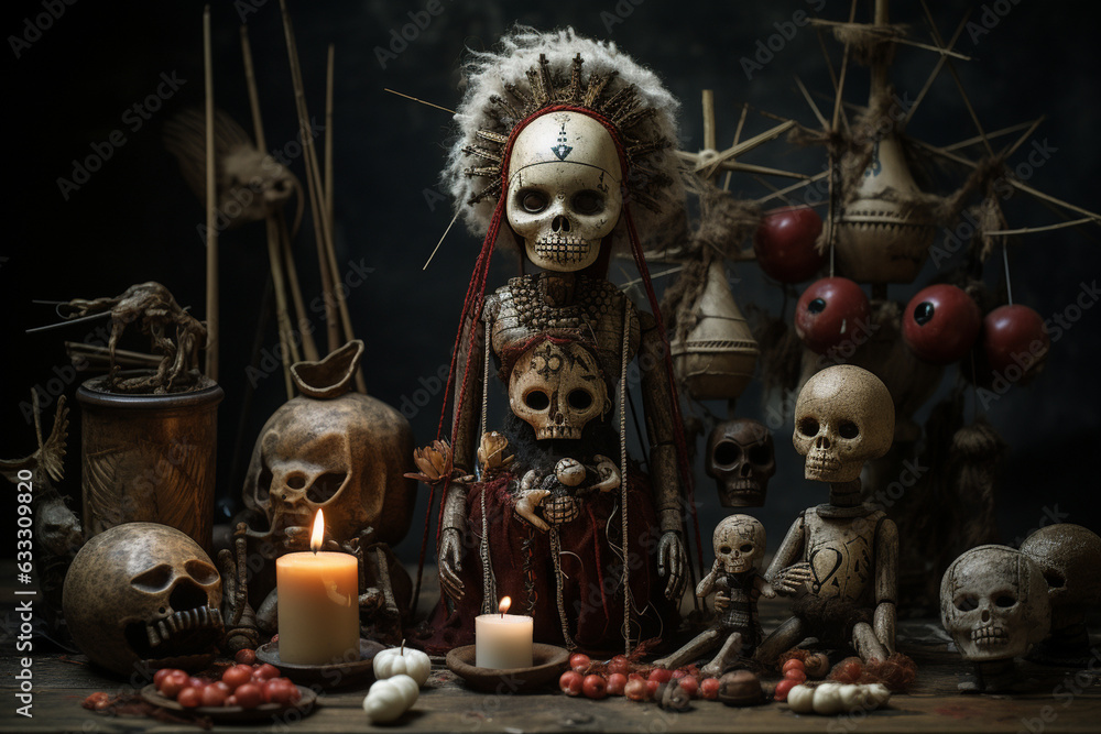 intriguing arrangement of voodoo dolls and mystic artifacts, conjuring ...