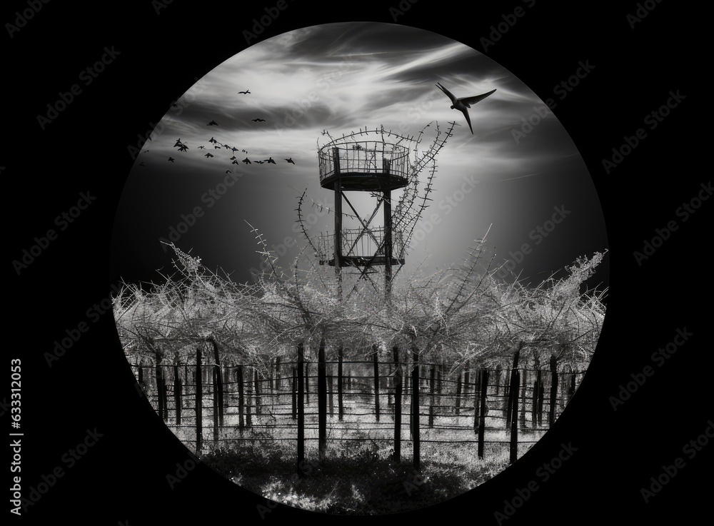 Prison watchtower protected by wire of prison fence.White prison wall ...