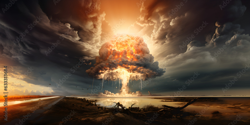Nuclear weapon. Atomic bomb drop test with nuclear explosion and a ...