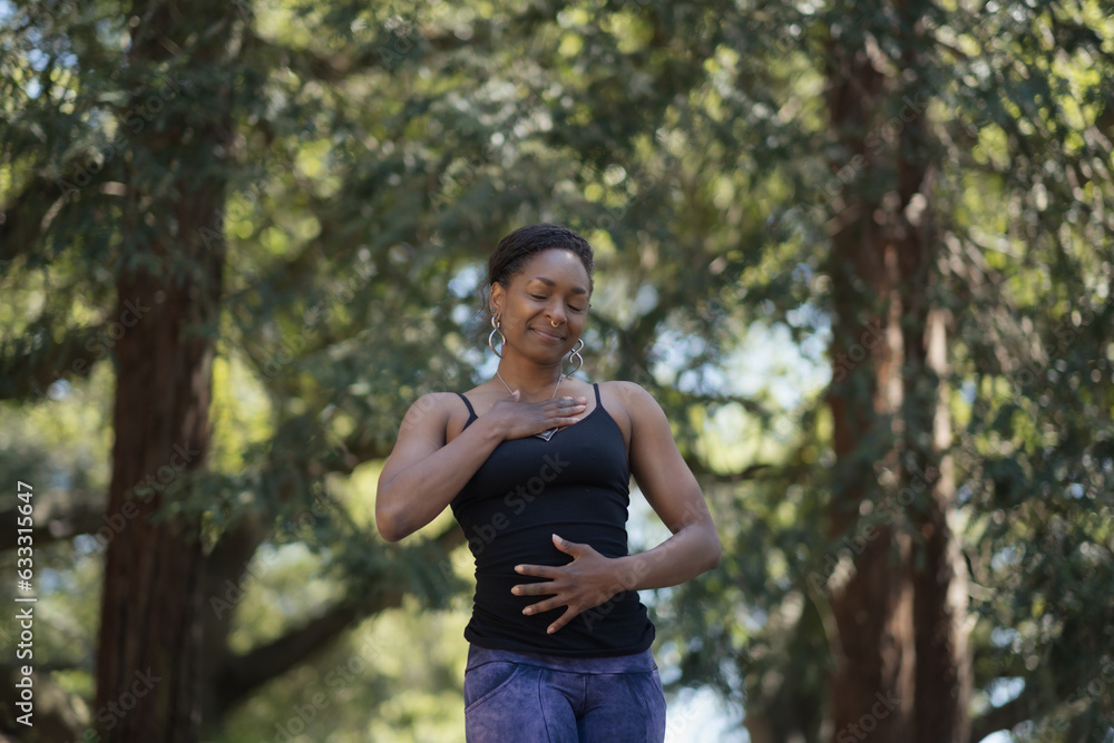 With one hand on their chest and one hand on their navel, a person ...