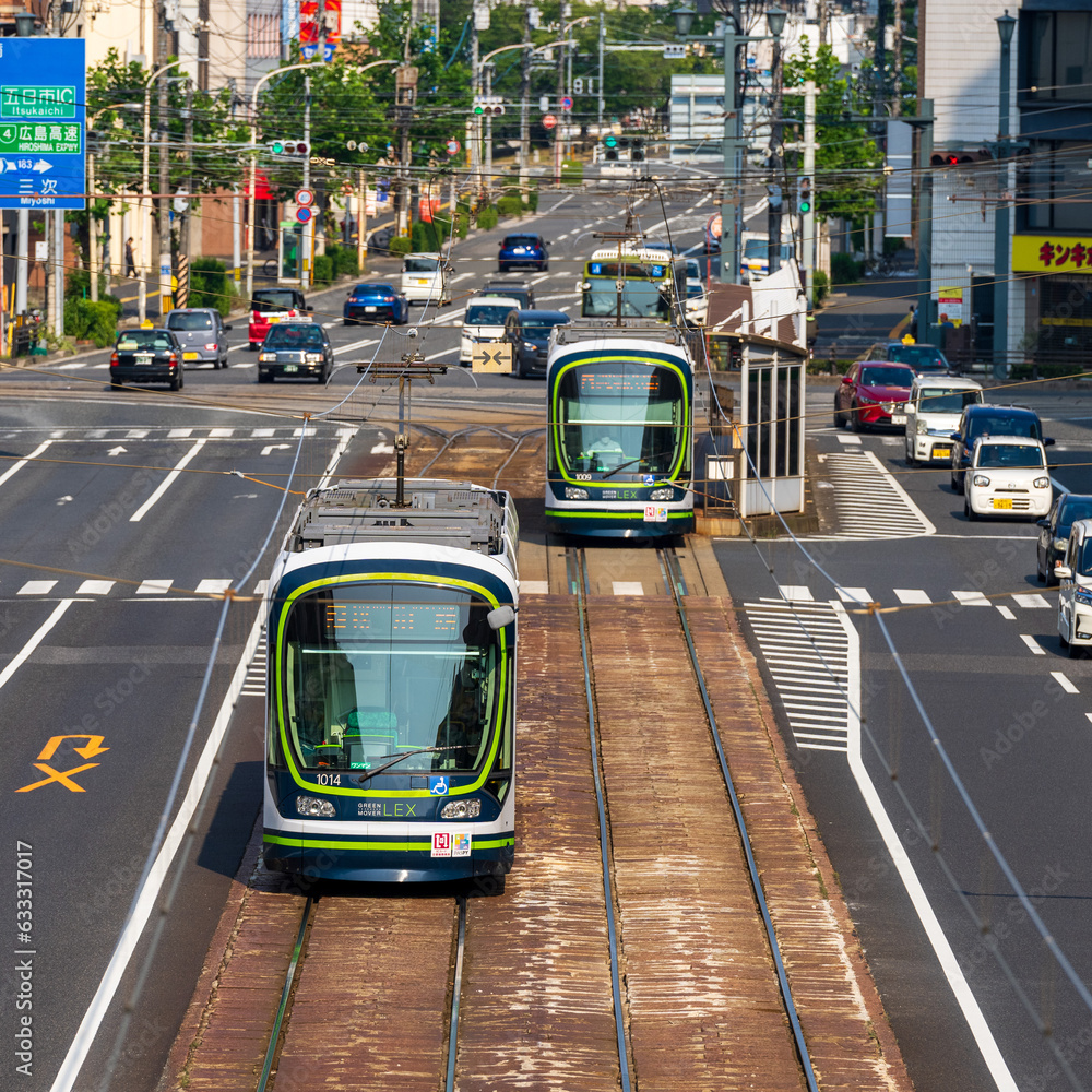 Hiroshima, JAPAN - July 26, 2023: Hiroshima Electric Railway train ...