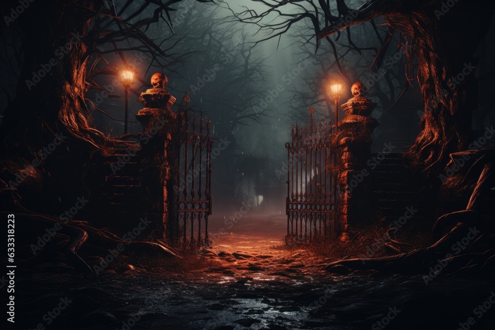 Gate with Halloween theme background. scary cemetery gate. Generative ...