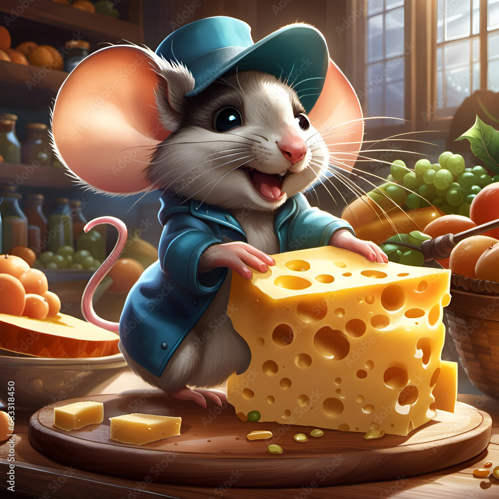 Cartoon mouse holding a large wedge of cheese. Cute happy mouse ...