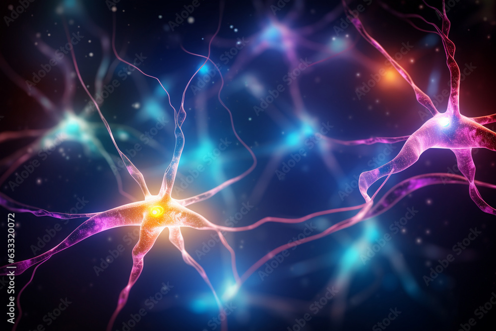 Neurons glowing in different colors to depict communication, neuron ...
