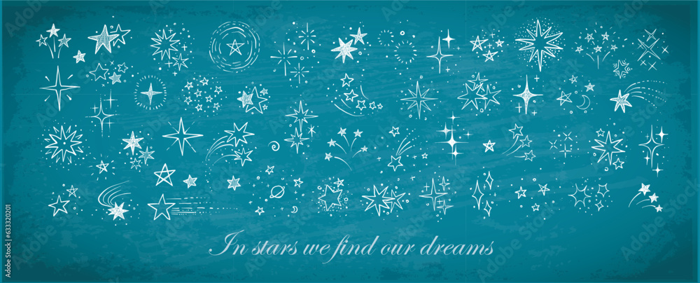 Collection of doodle stars drawn with chalk on blackboard background ...
