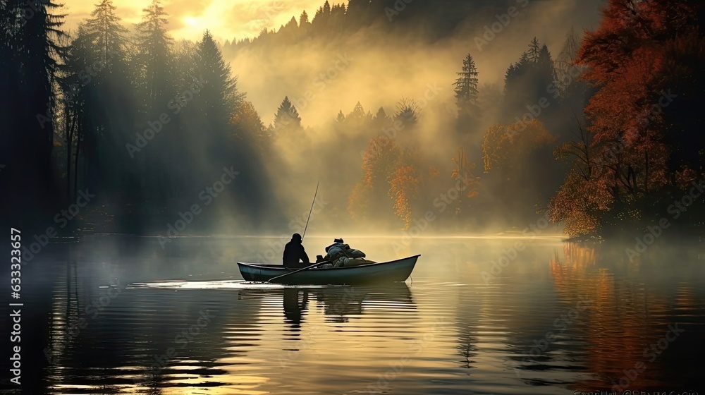 Morning of fishing on a misty lake, where the soft sunlight pierces ...