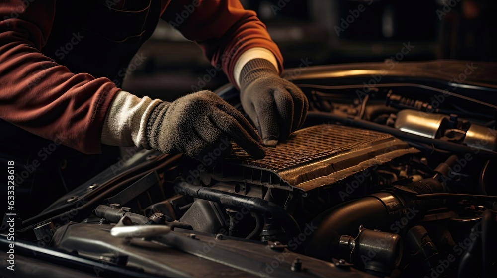 Mechanic works diligently to replace the car's engine air filter, a ...
