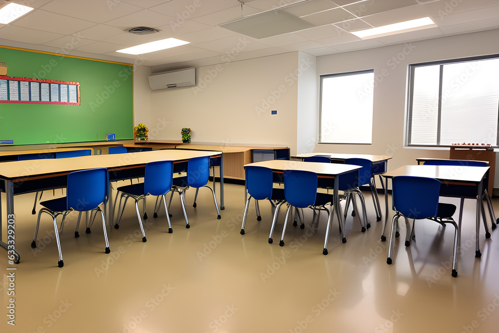 picture collage of classroom interior with school desks chair for ...