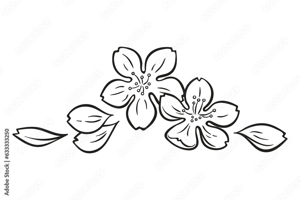 Sakura bloom flowers with petals hand drawn line art gothic tattoo ...