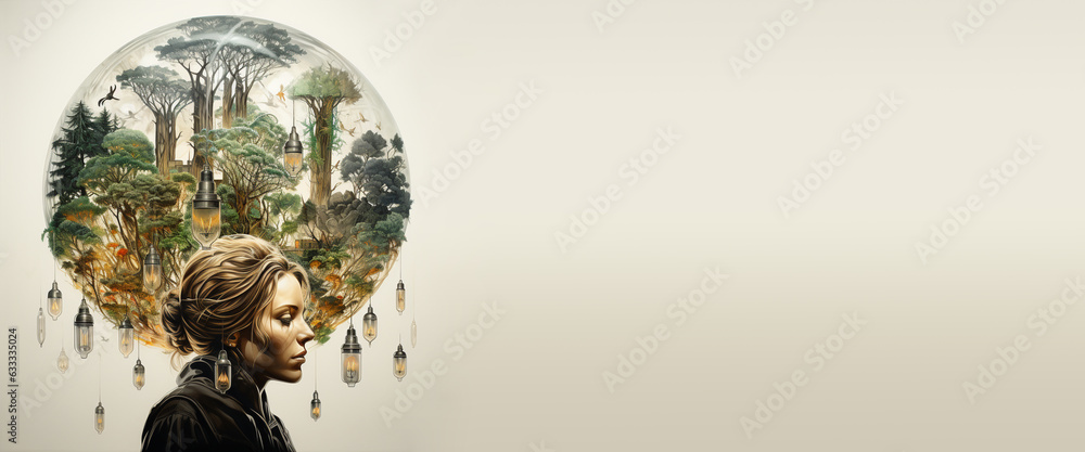 Woman with nature and light bulb mind, explosion of ideas ...