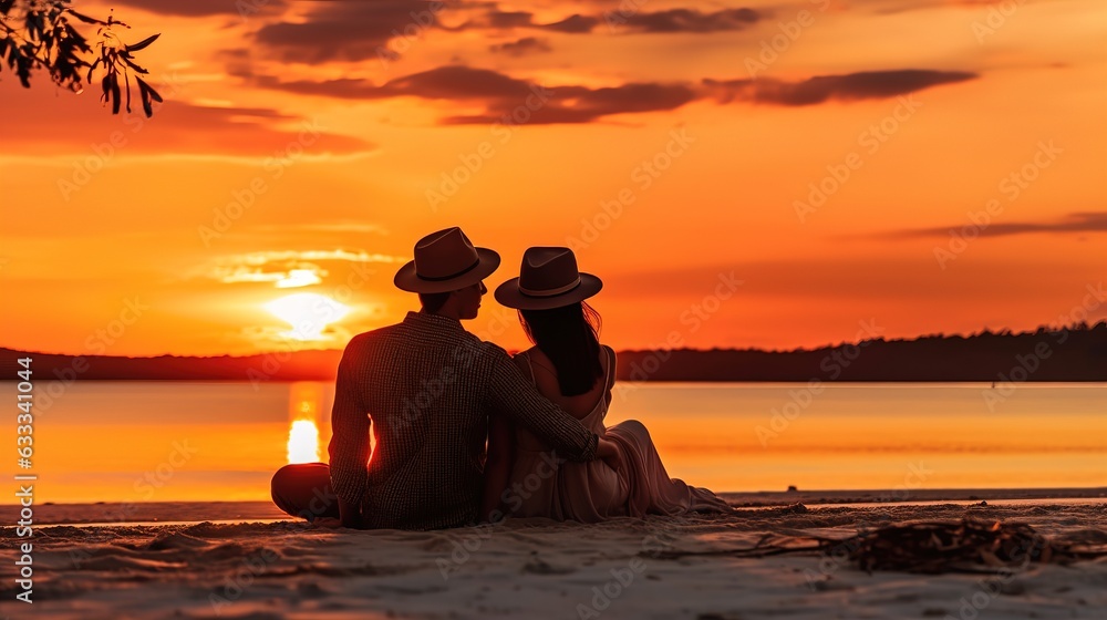 Stylish Young Couple Enjoying a sunset on the beach. Full length ...