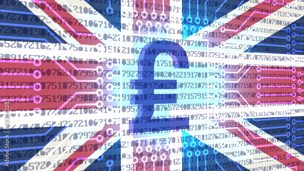 Vector glowing fintech poster. 3D digital pound symbol on the ...