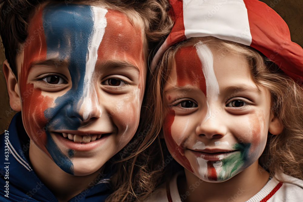 Two children with face paint in the colors of the French flag, showing ...