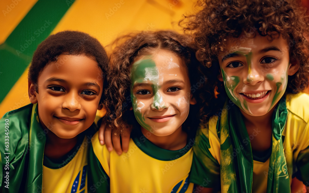 Three children with their faces painted in the colors of the Brazil ...
