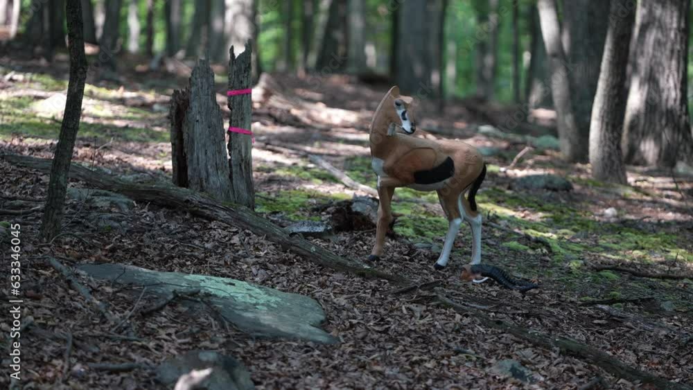 A 3D gazelle or antelope decoy target set up in a forest for bowhunter ...