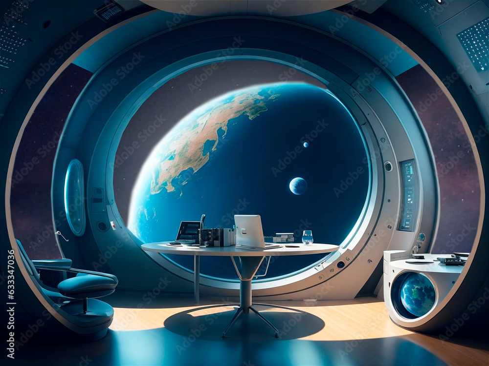 Work room in space nabe you can see the earth from the window Stock ...