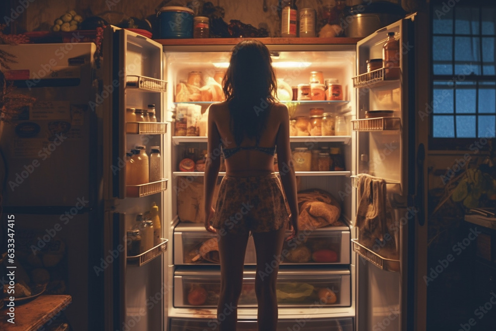 Woman standing in front of an open fridge, looking for a midnight snack ...