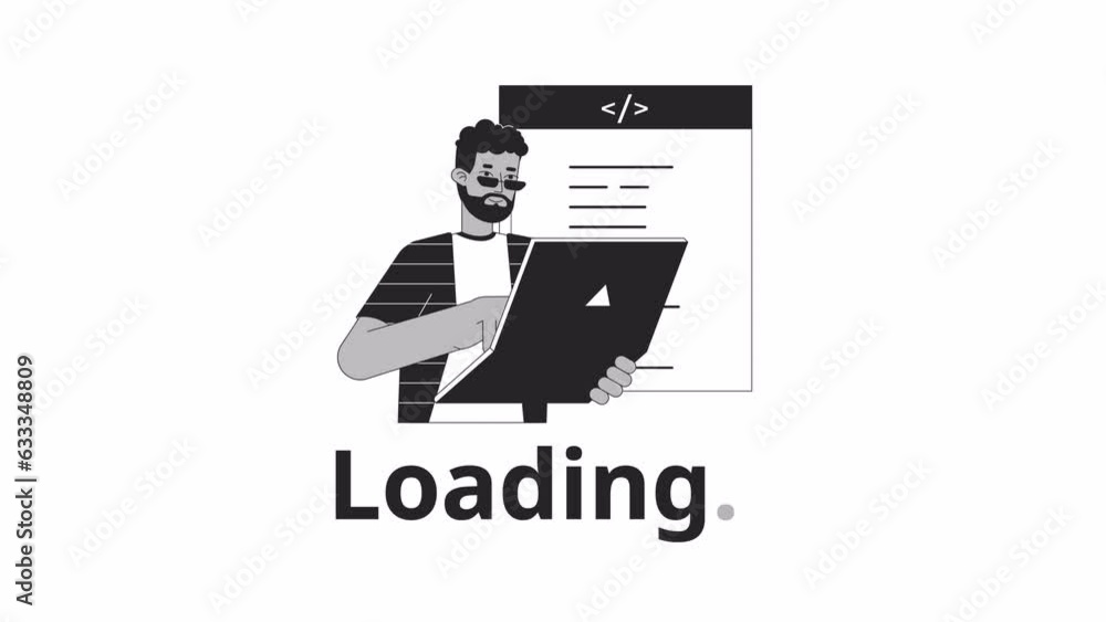 It developer coding on laptop bw loading animation. Software engineering remote employee outline ...