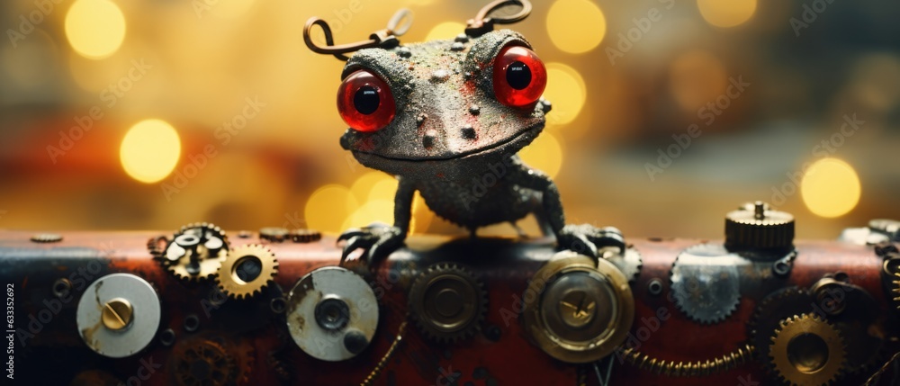Surreal steampunk red gecko lizard made from rusty mechanical metal ...