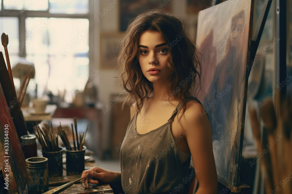 In a bright workshop, a sensual female artist stands before her canvas, surrounded by brushes ...