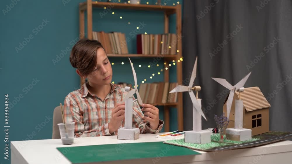 Smart Young boy making project with wind turbines and house model ...