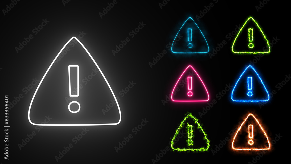Neon glowing warning icon. Warning icon. Danger warning attention sign ...