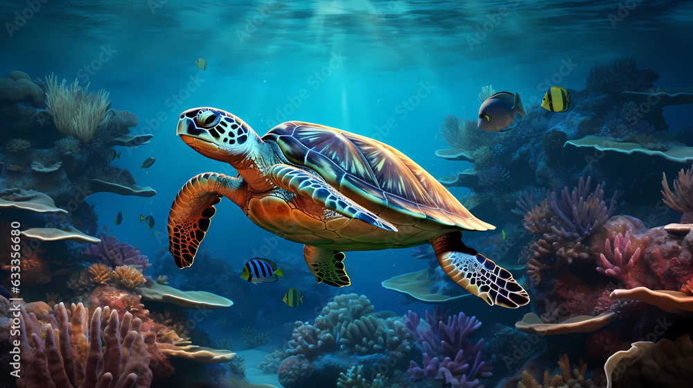 An underwater scene with a sea turtle slowly swimming amidst coral ...