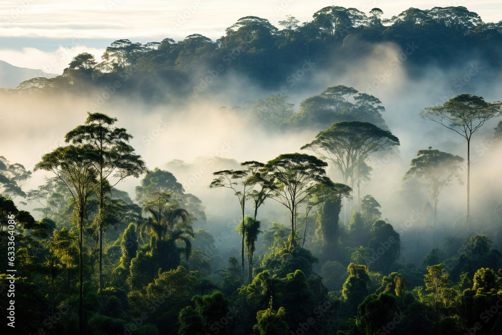 Fog-enshrouded trees in a rainforest conservation theme Stock-Foto ...