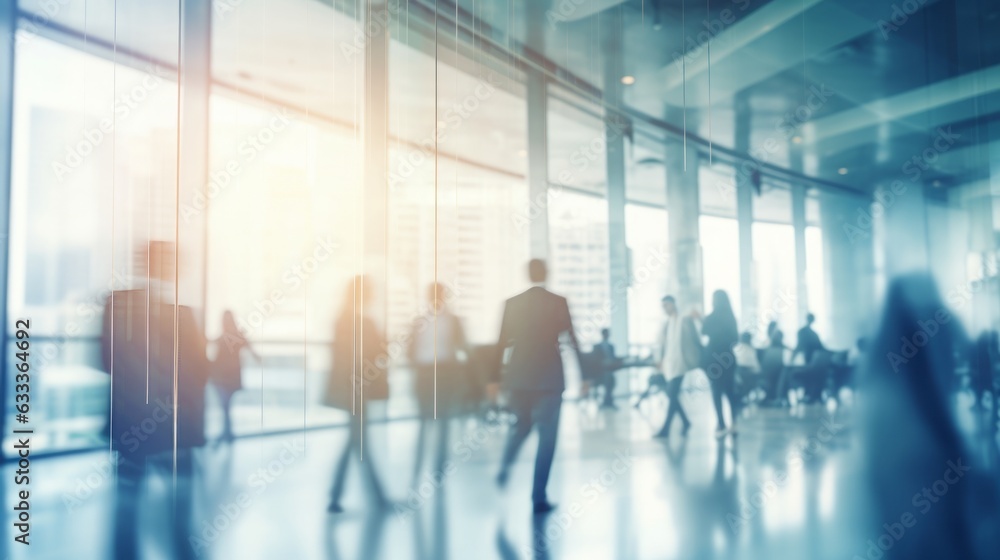 Blurred people walk in the office, large group business people moving ...