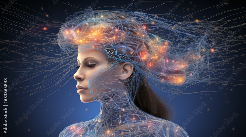 Woman's brain and nervous system pathways and nerve firing. AI ...