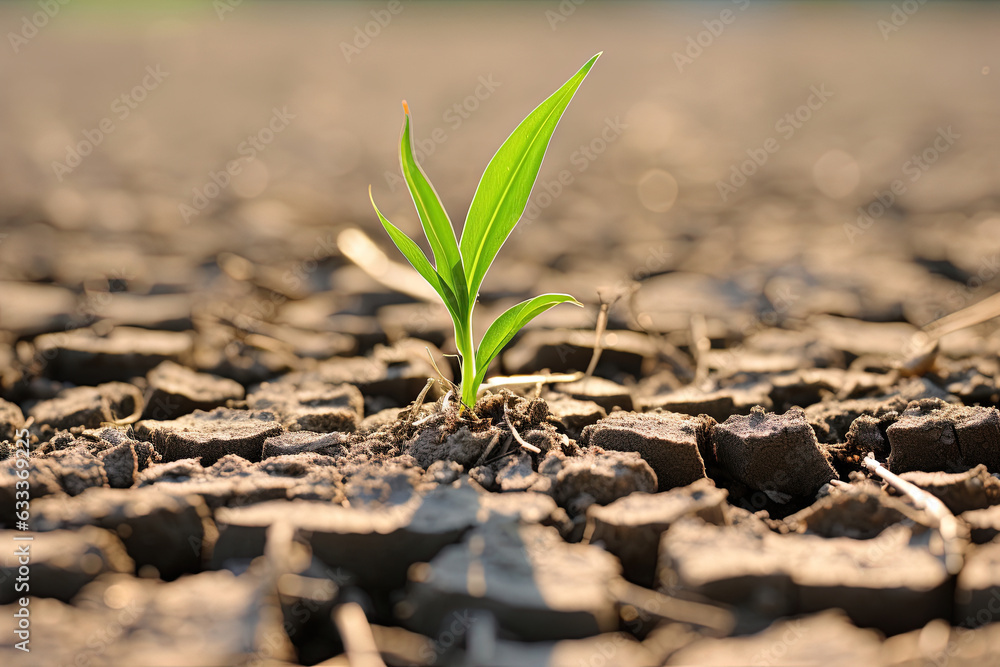 The symbol of resilience: grass breaking through dry earth in a field ...