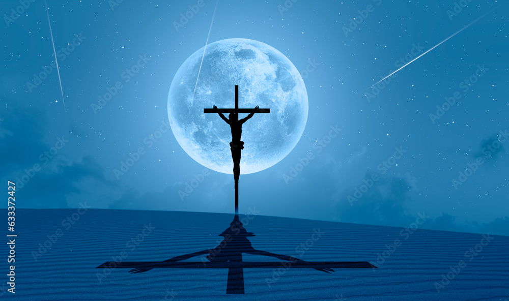 Jesus Christ on the cross over desert with full moon "Elements of this ...