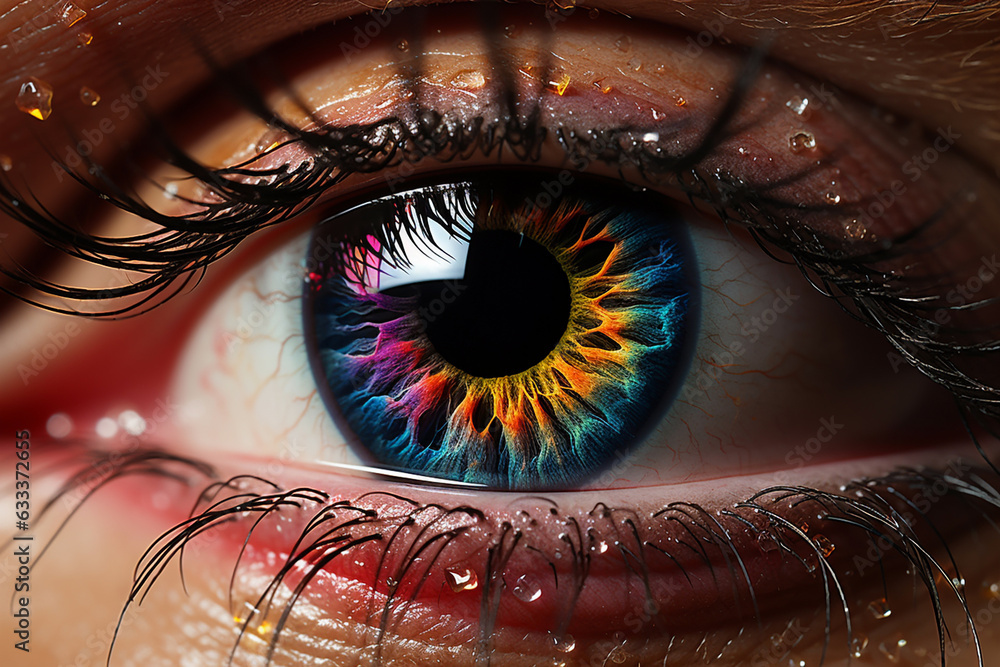 Stunning female eye with beautiful rainbow pupil. Closeup of a girl ...