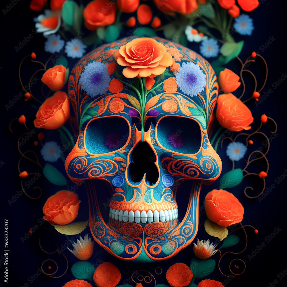 skull mask decorated with flowers as a tribute to the deceased, Mexican ...