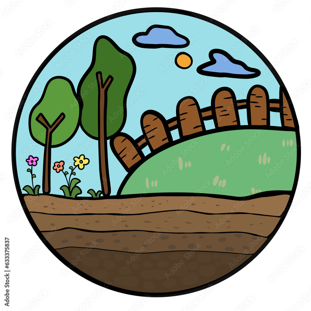 Soil layers. Soil plan with grass, soil surface, groundwater and rocks ...