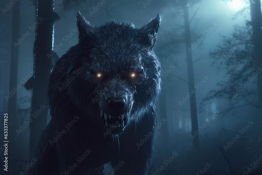 Portrait of aggressive, hairy Werewolf growling in the moonlight over a ...